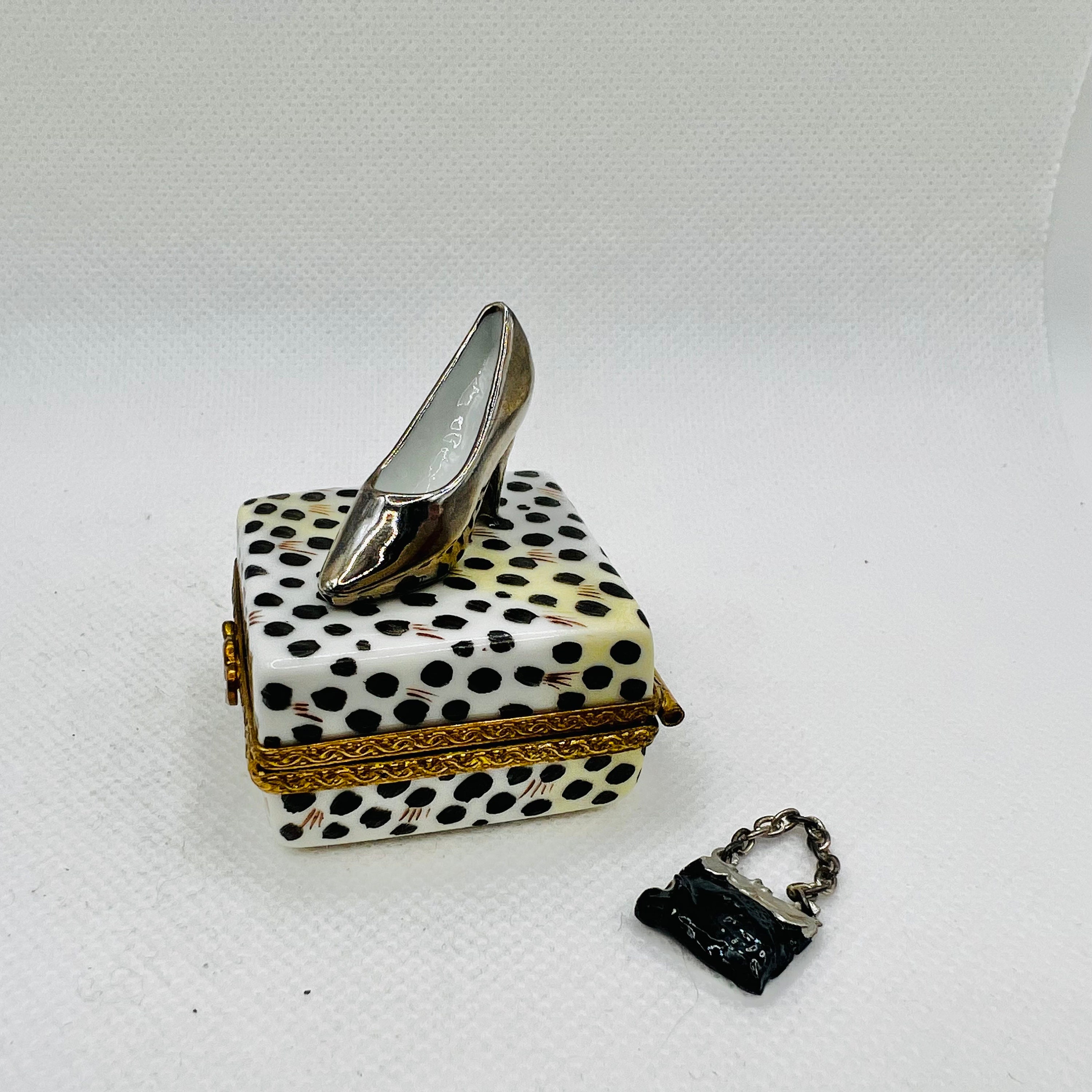 Silver Shoe on Shoe Box W/ Little Black Purse ~ Limoges Trinket Box ...