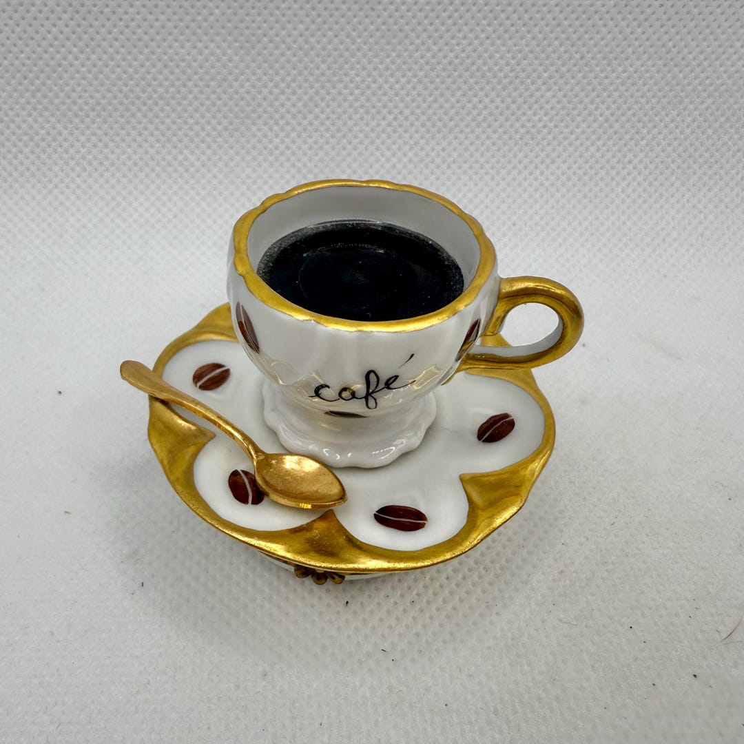 Adorable COFFEE CUP With a Saucer and a Spoon ~ Limoges Trinket Box ...