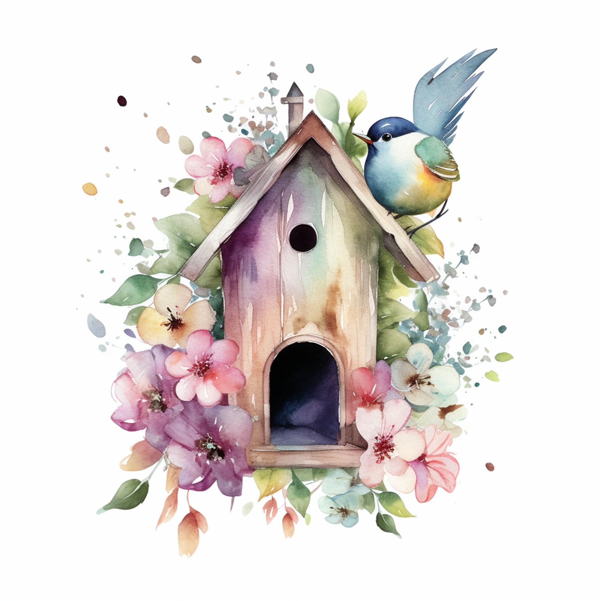 Watercolor Bird Houses Clipart Springtime Cute Birdhouses and Blossoms ...