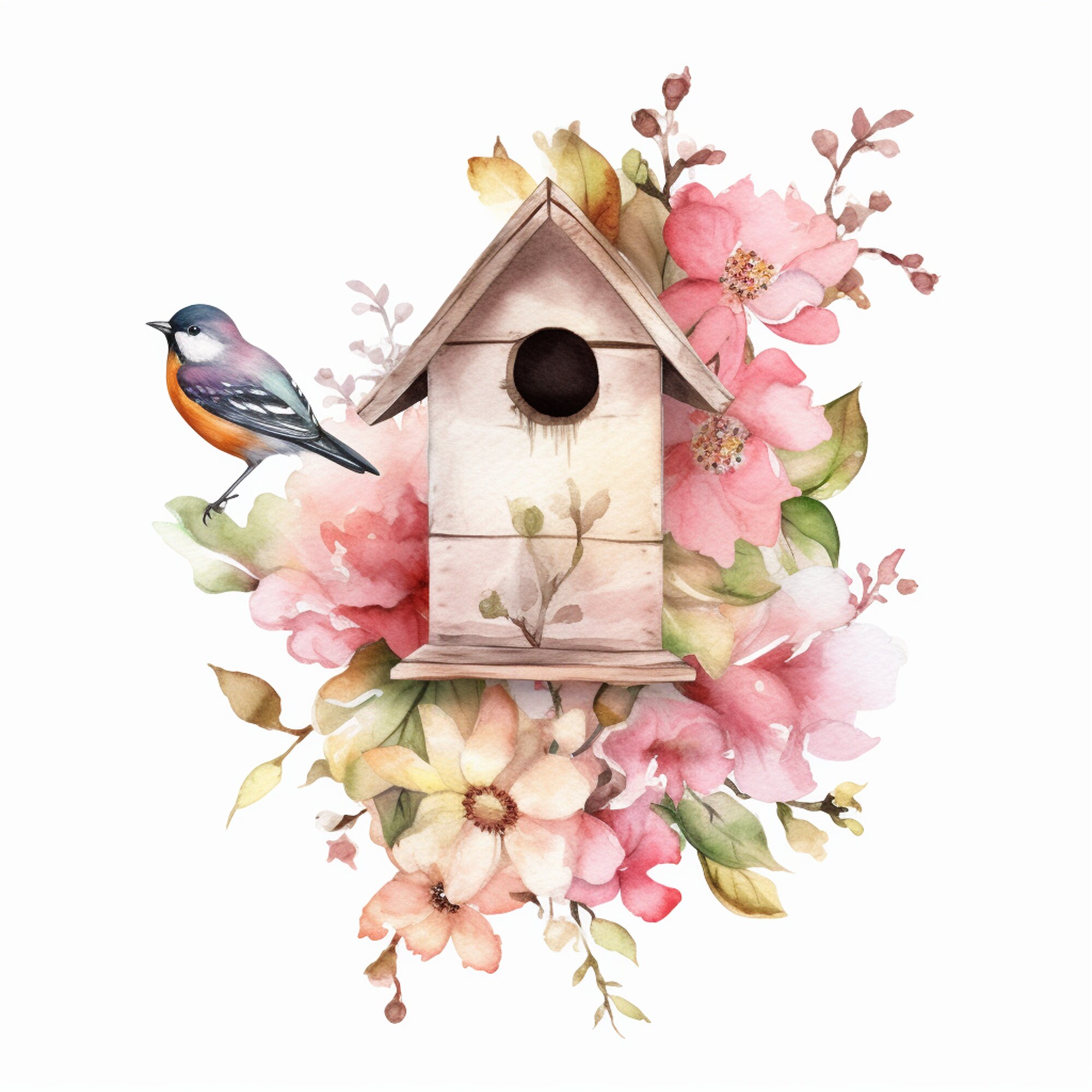 Watercolor Bird Houses Clipart Springtime Cute Birdhouses and Blossoms ...