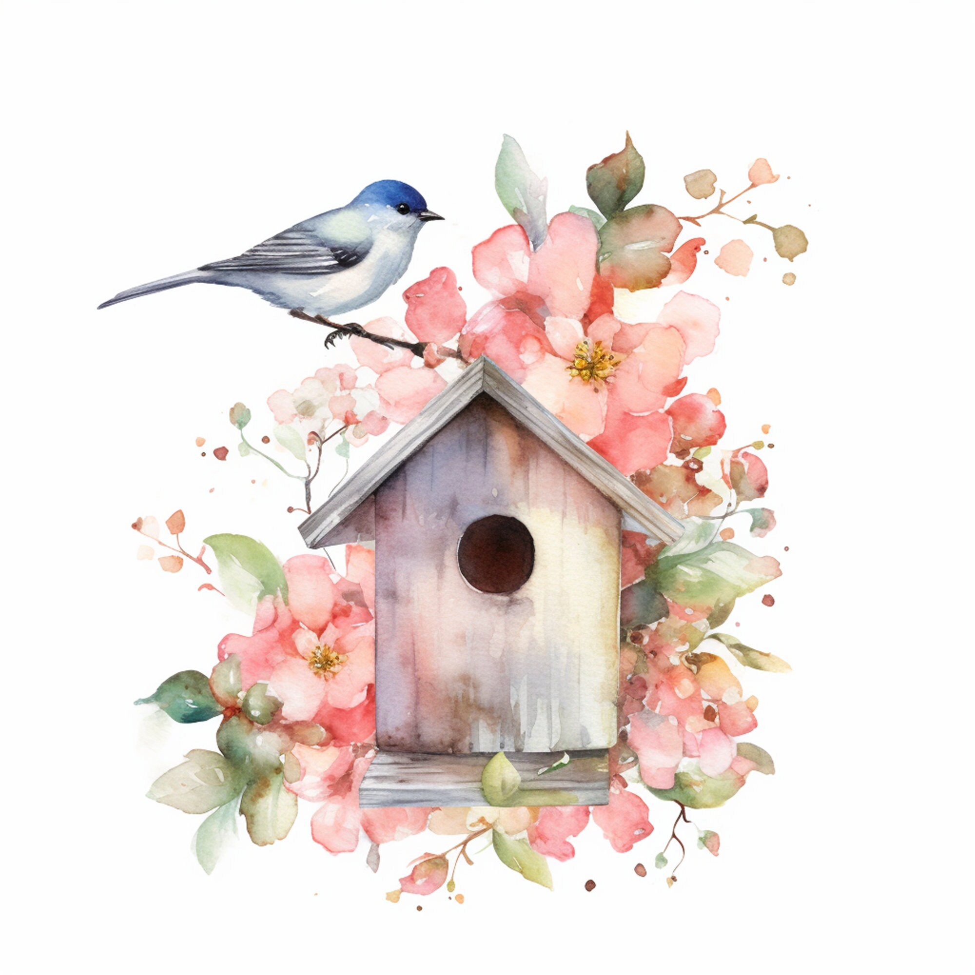 Watercolor Bird Houses Clipart Springtime Cute Birdhouses and Blossoms ...