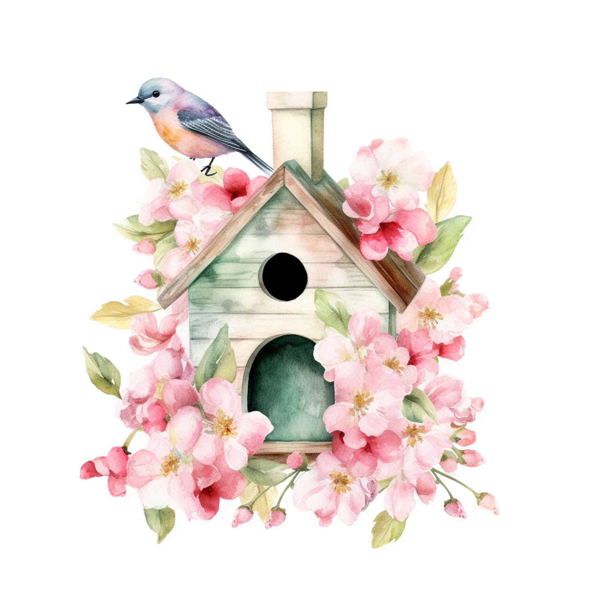 Watercolor Bird Houses Clipart Springtime Cute Birdhouses and Blossoms ...
