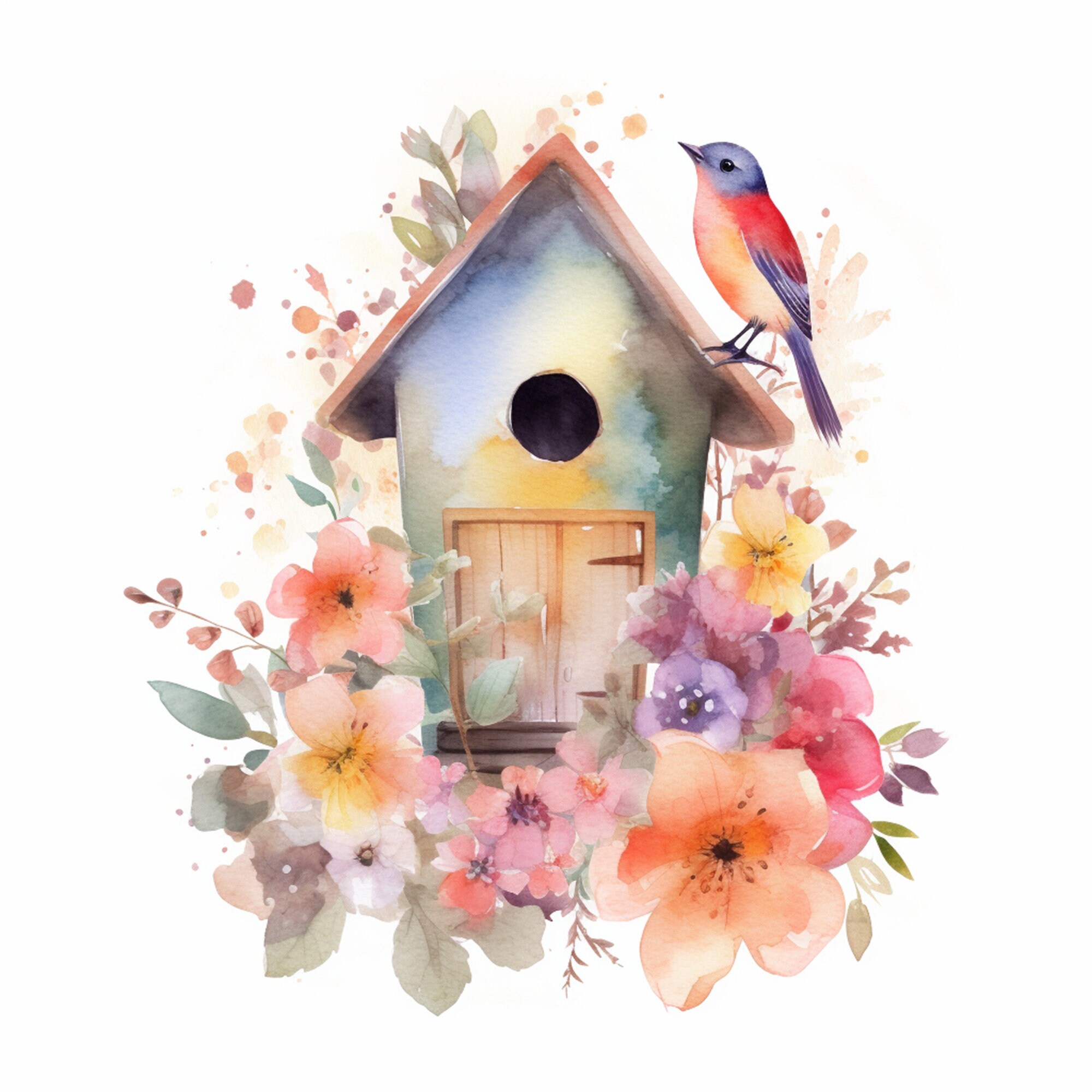 Watercolor Bird Houses Clipart Springtime Cute Birdhouses and Blossoms ...