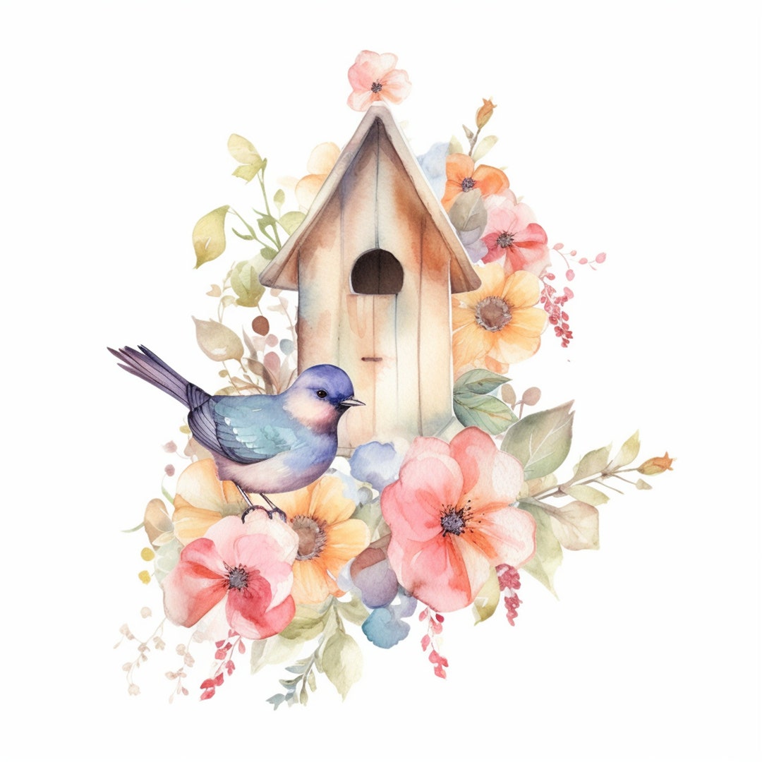 Watercolor Bird Houses Clipart - Springtime Cute Birdhouses and ...