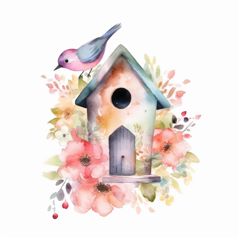Watercolor Bird Houses Clipart Springtime Cute Birdhouses and Blossoms ...