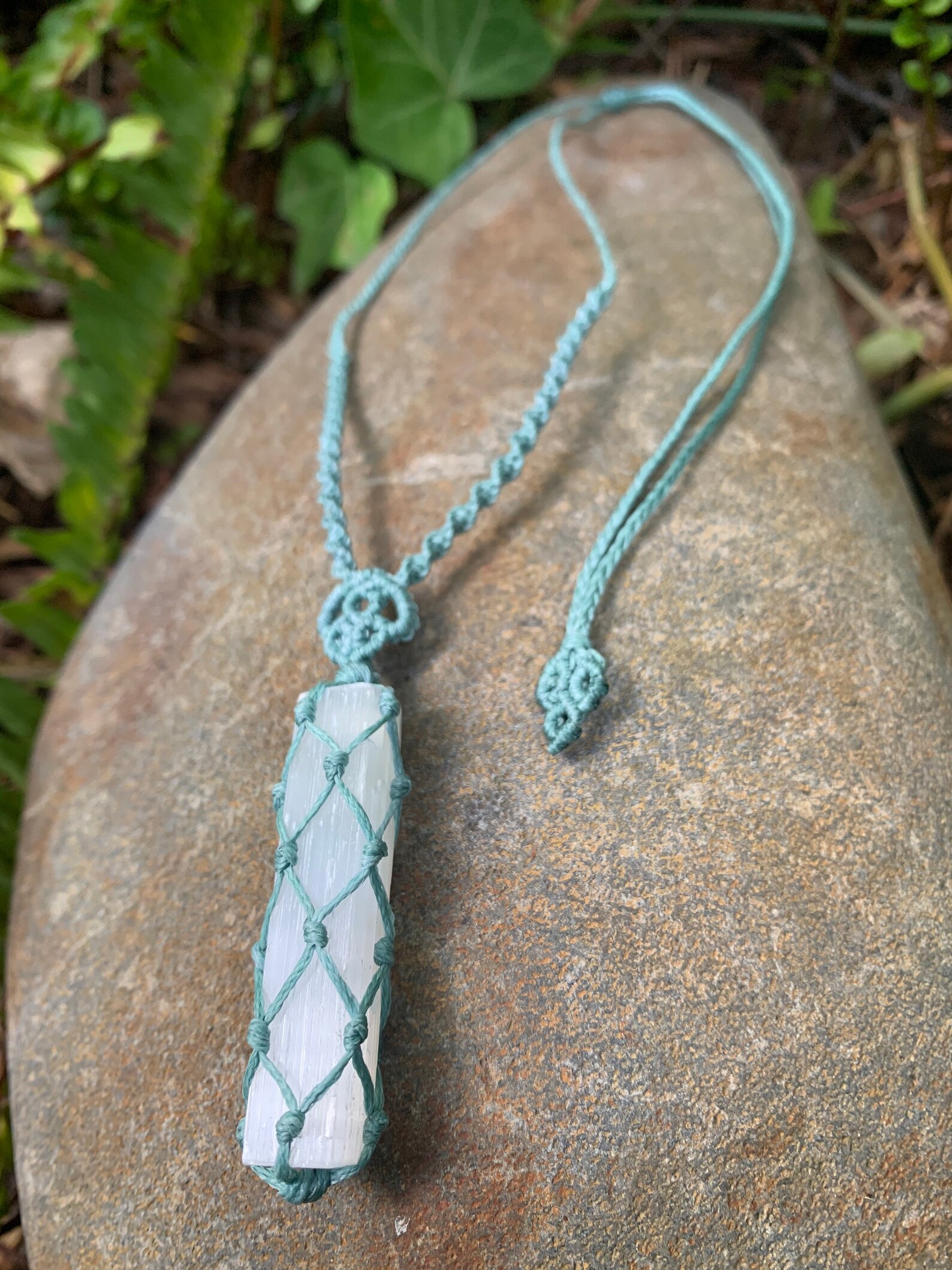 Raw Selenite Crystal Necklace Light Blue Macrame Handmade - Etsy