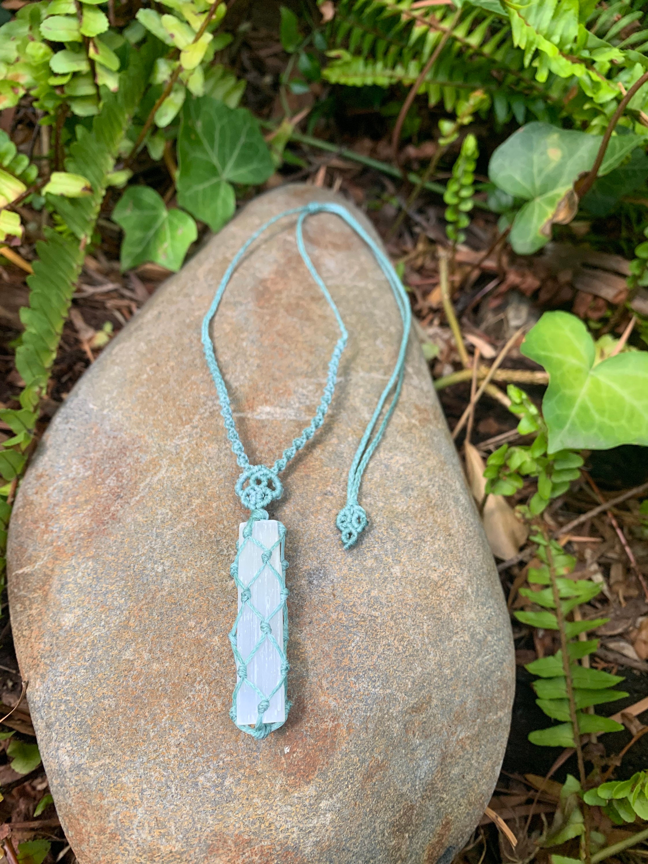 Raw Selenite Crystal Necklace Light Blue Macrame Handmade - Etsy