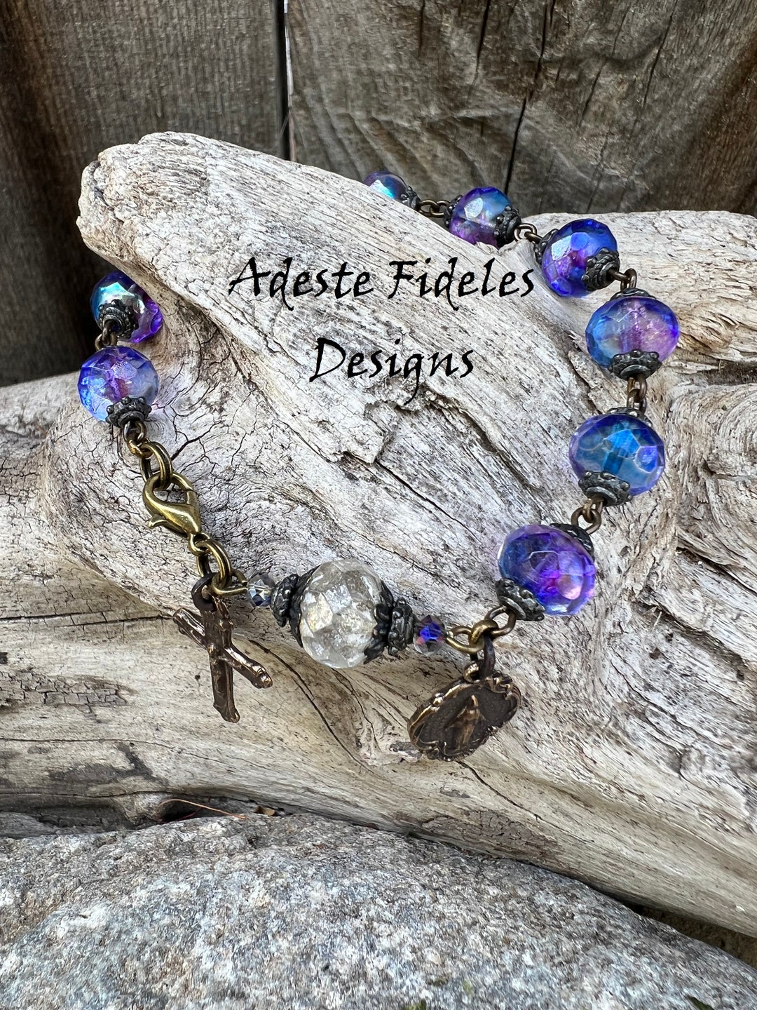 VIOLET BLUE AB Jewel Tone Czech Glass Handmade Decade Rosary Bracelet ...