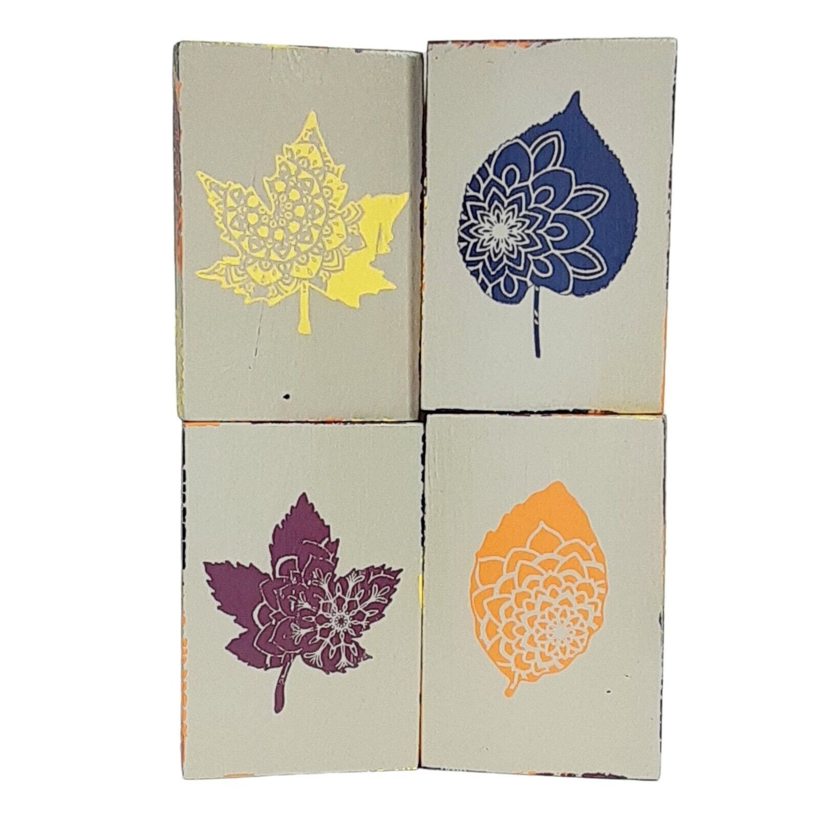 Floral Leaf Shelf Sitters, Four-piece Handcrafted Wood Block Set ...