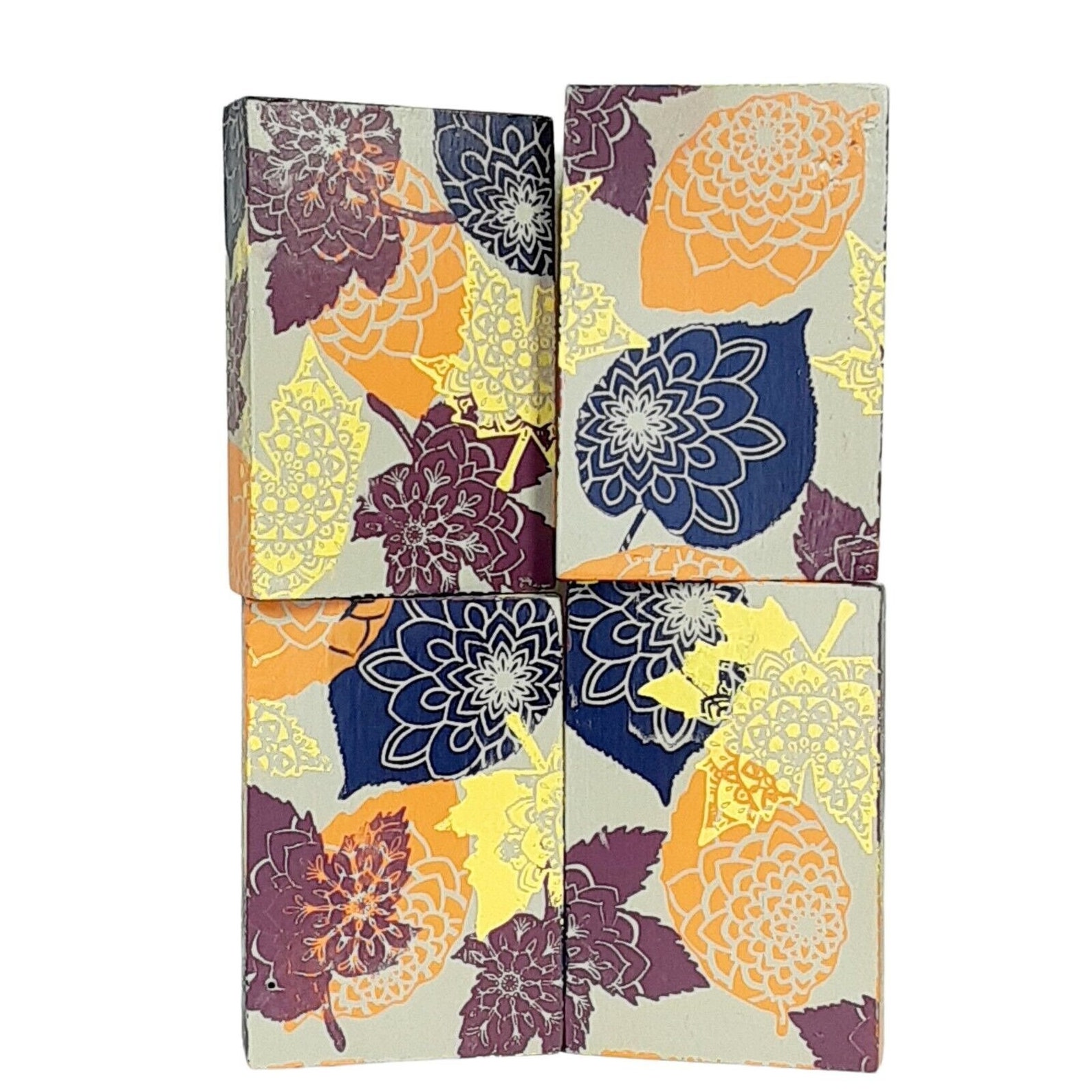 Floral Leaf Shelf Sitters, Four-piece Handcrafted Wood Block Set ...