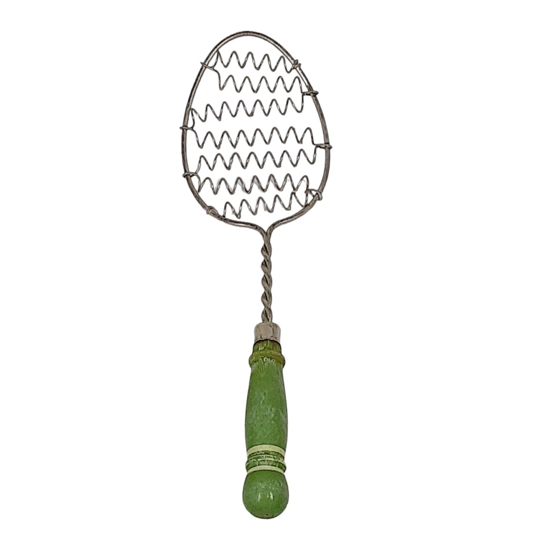 Vintage Green Whisk With Wood Handle, Spring Coiled Twisted Wire ...