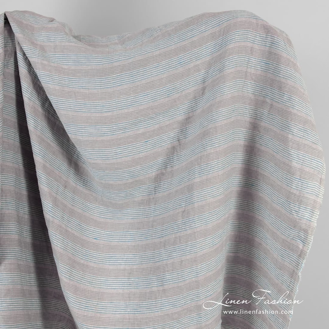 Grey-blue Linen Fabric in Stripes, Washed | Washed Linen Fabric | Width ...
