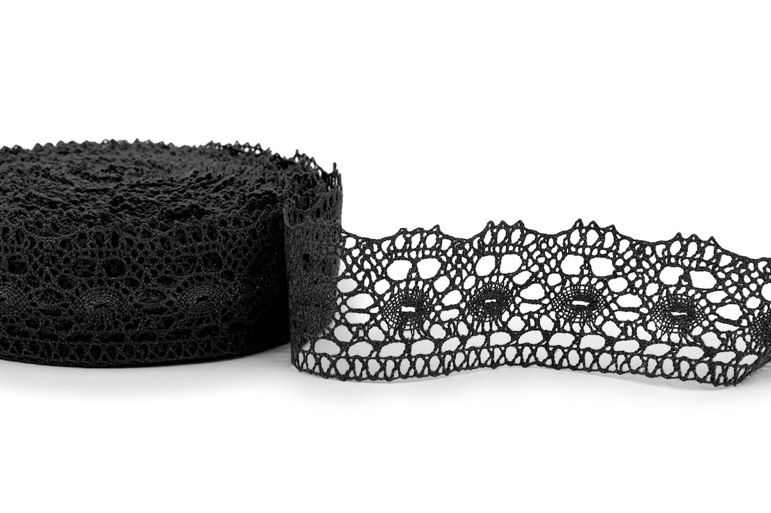 100% Linen Lace Trim | Wide in Black Color No. 66 | Width: 5,5cm (2,16 ...