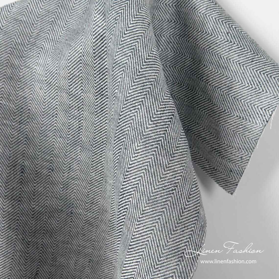 100% Linen White Blue Herringbone Fabric Width 150cm Weight - Etsy