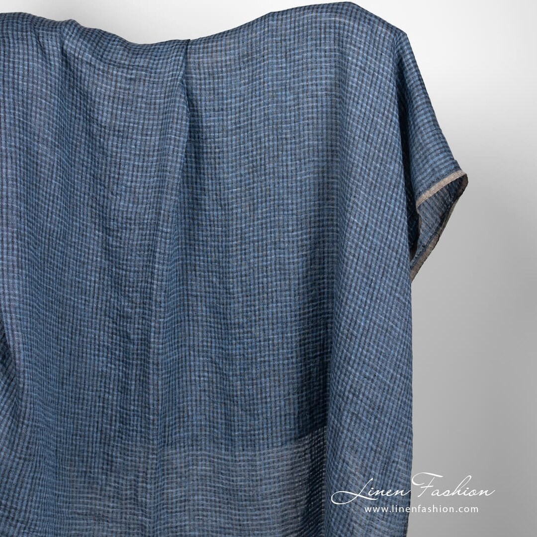 Linen Fabric in Blue Transparent Checks, Washed | Pure Linen Fabric ...