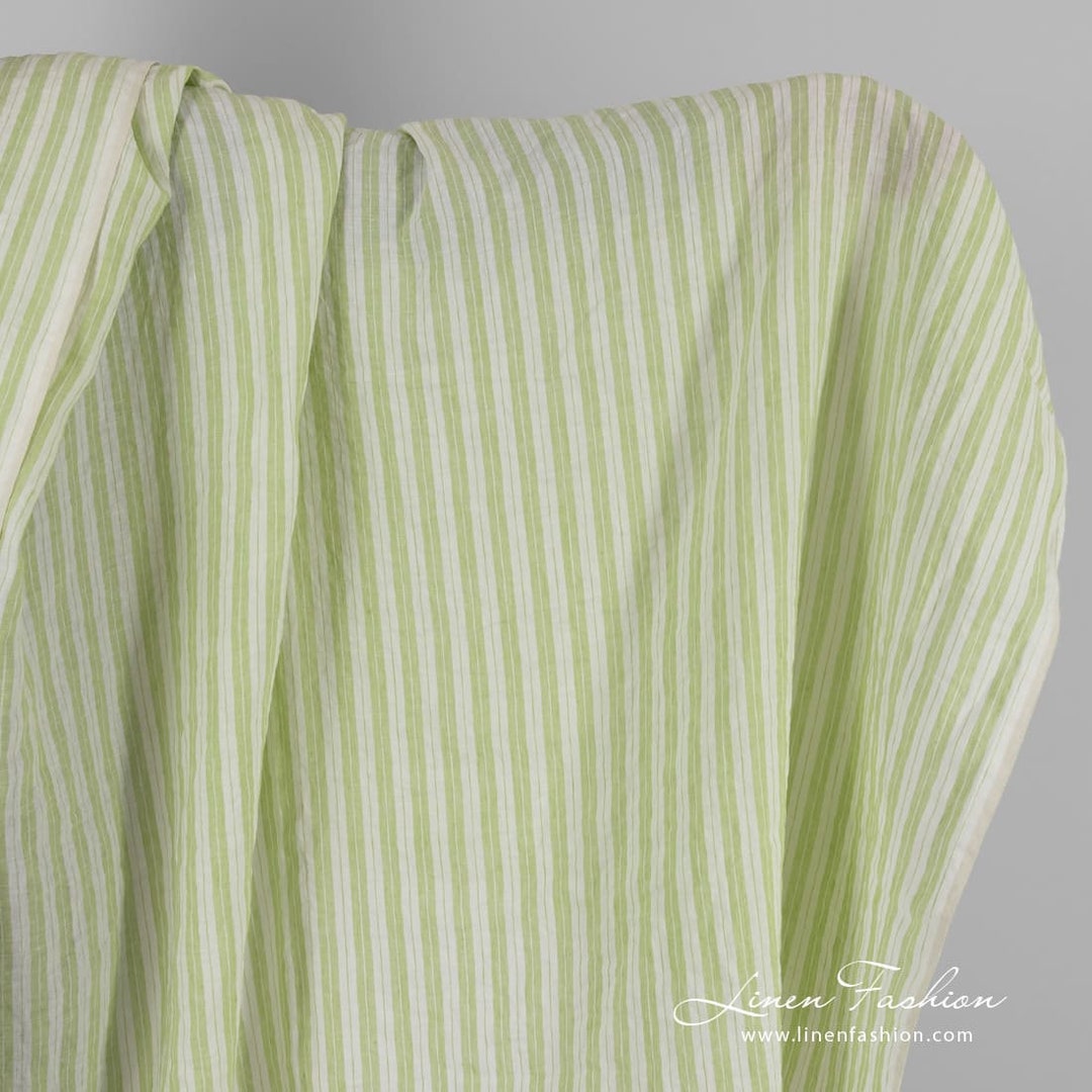 Light Green Linen Fabric in Stripes, Washed | Washed Linen Fabric ...