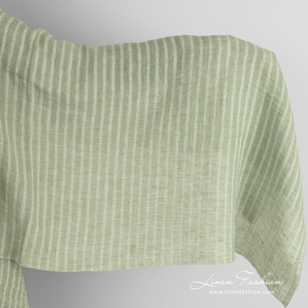 Green Linen Fabric in Transparent Stripes | Washed Linen Fabrics ...