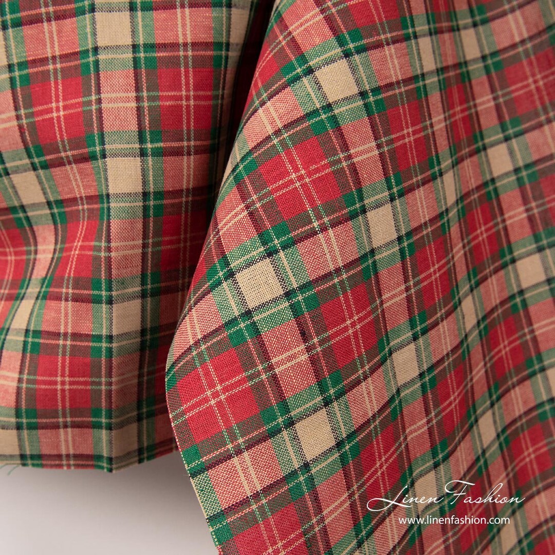 Linen Cotton Fabric With Beige and Red Checks | Width 150cm | Weight ...