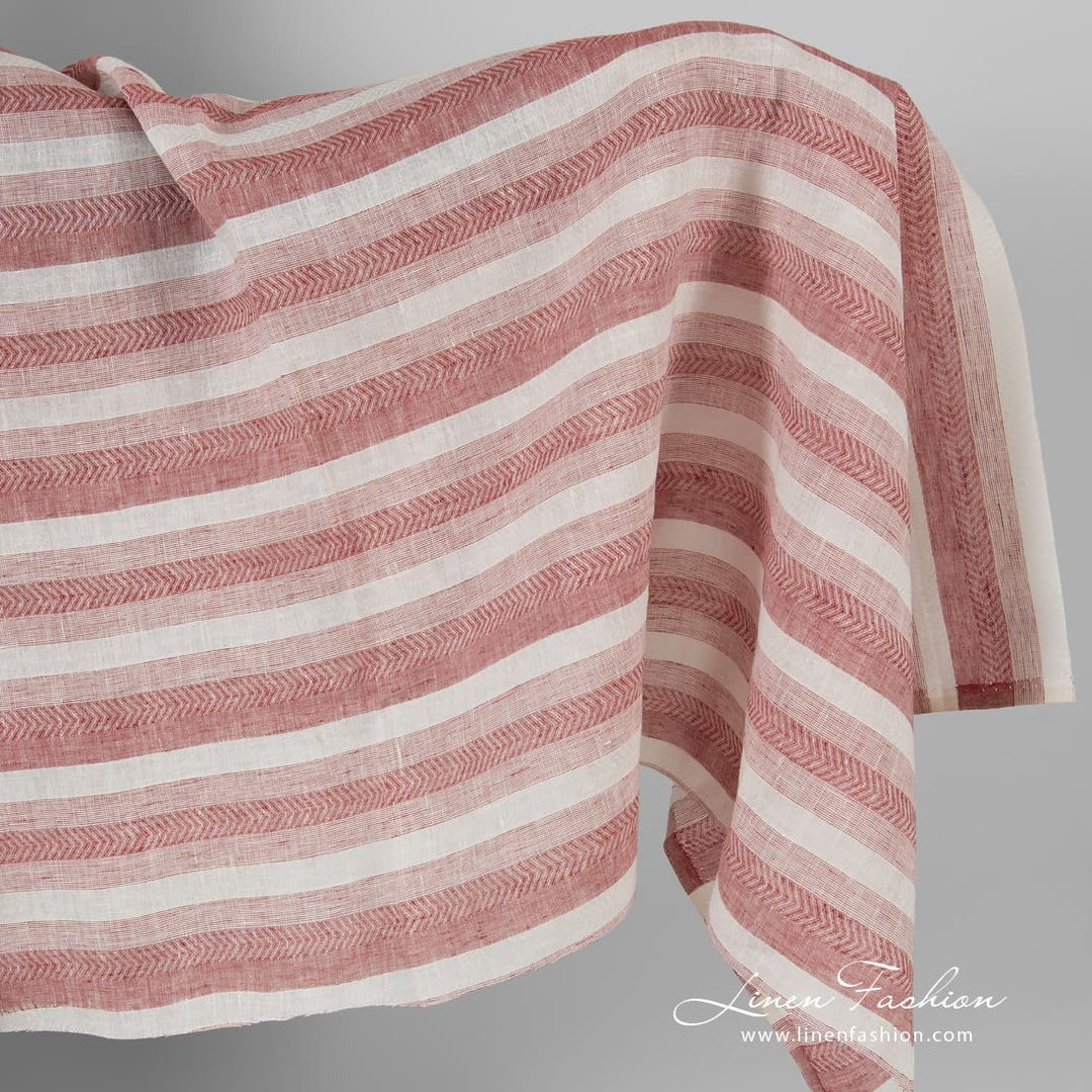 Linen Fabric in Red and White Herringbone Stripes | Pure Linen Fabrics ...