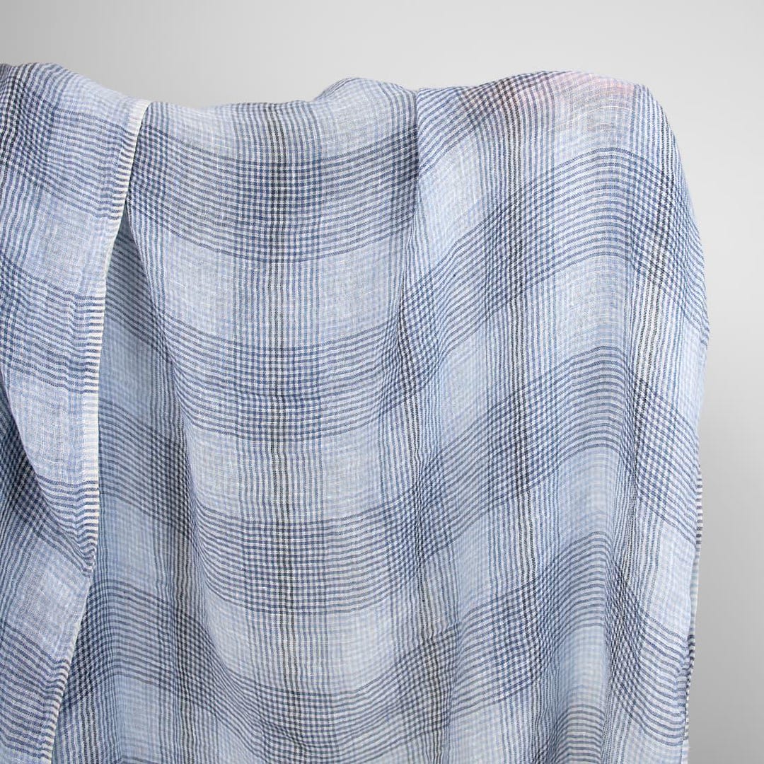 Linen Gauze Fabric in Blue Checks | Washed Linen Fabric | Width 145cm ...