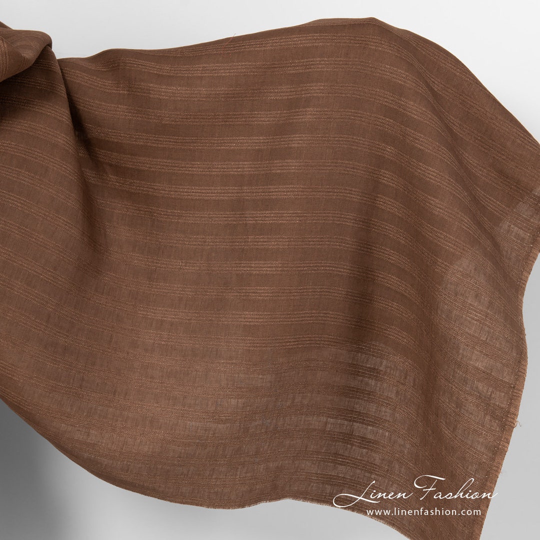 Caramel Brown Linen Fabric With Horizontal Stripes | Pure Linen Fabric ...