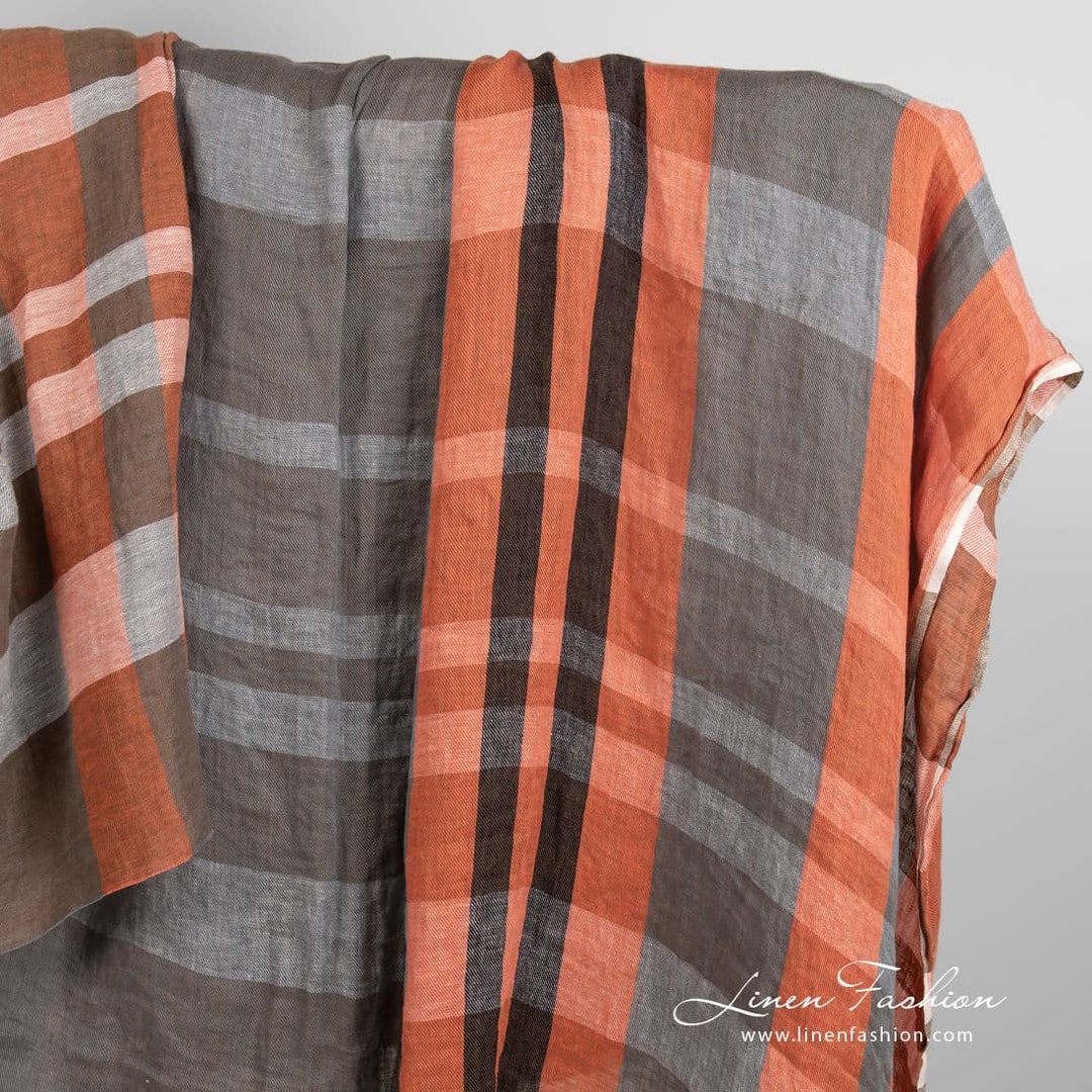 Linen Fabric in Orange and Brown Stripes, Washed | Pure Linen Fabric ...