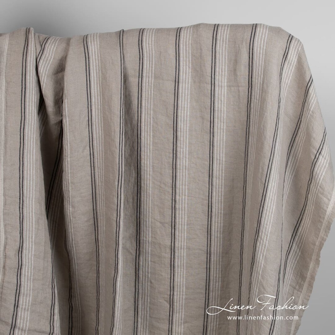 Grey Brown Linen Fabric in Stripes, Washed | Pure Linen Fabrics | Width ...