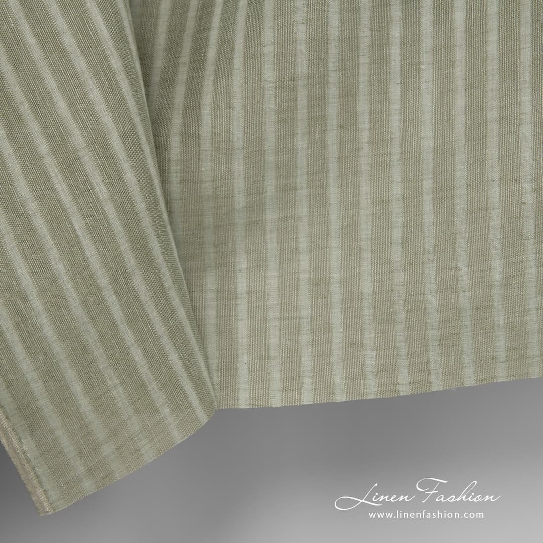 Green Linen Fabric in Stripes Pure Linen Fabric Width 150cm 59 Weight ...