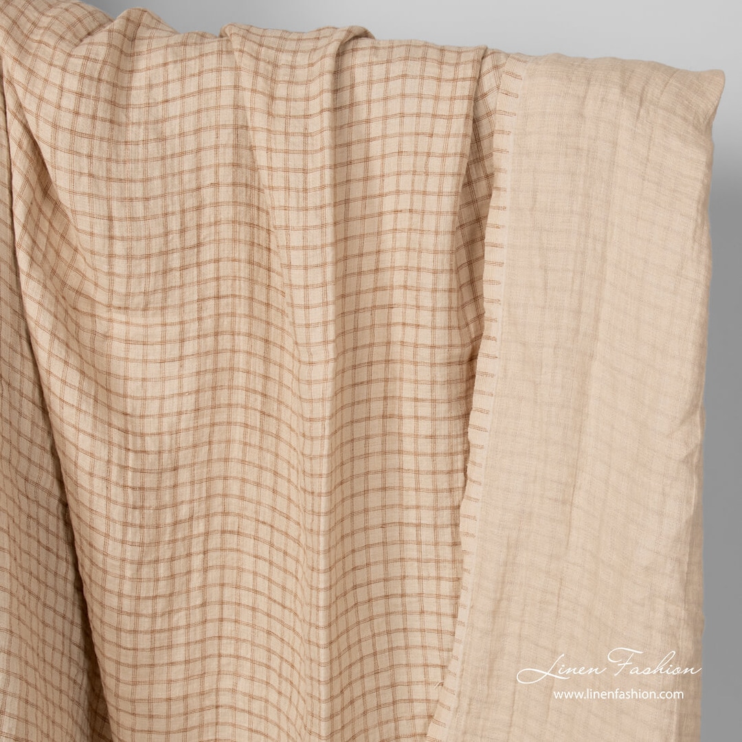 Linen Double Sided Checked Sand Color Fabric, Washed | Weight 220 Gsm ...