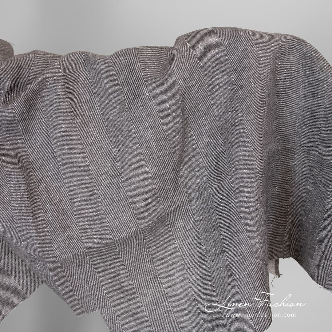 Grey Linen Fabric in Herringbone | Width 150cm (59") | Weight 260g / M ...