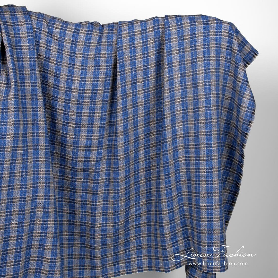Blue Linen Wool Fabric in Checks, Washed Pure Linen Fabric Width 145cm ...