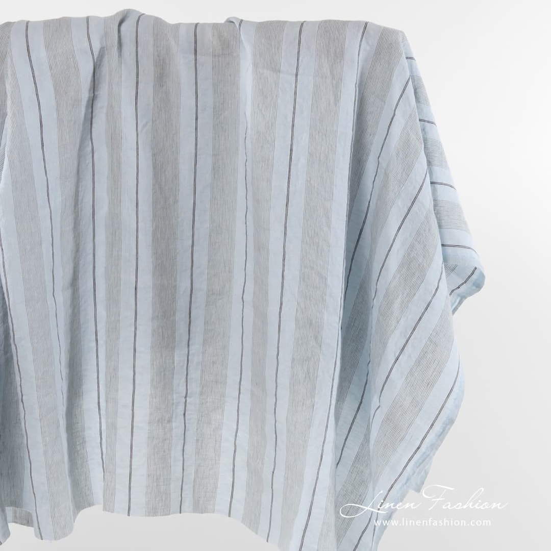 Pale Blue Striped Linen Fabric, Washed | Washed Linen Fabrics | Width ...