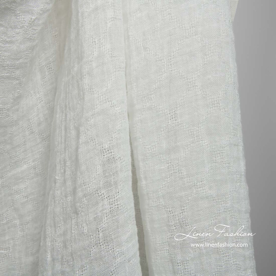 White Transparent Linen Fabric With Azure Diamonds, Washed | Light ...