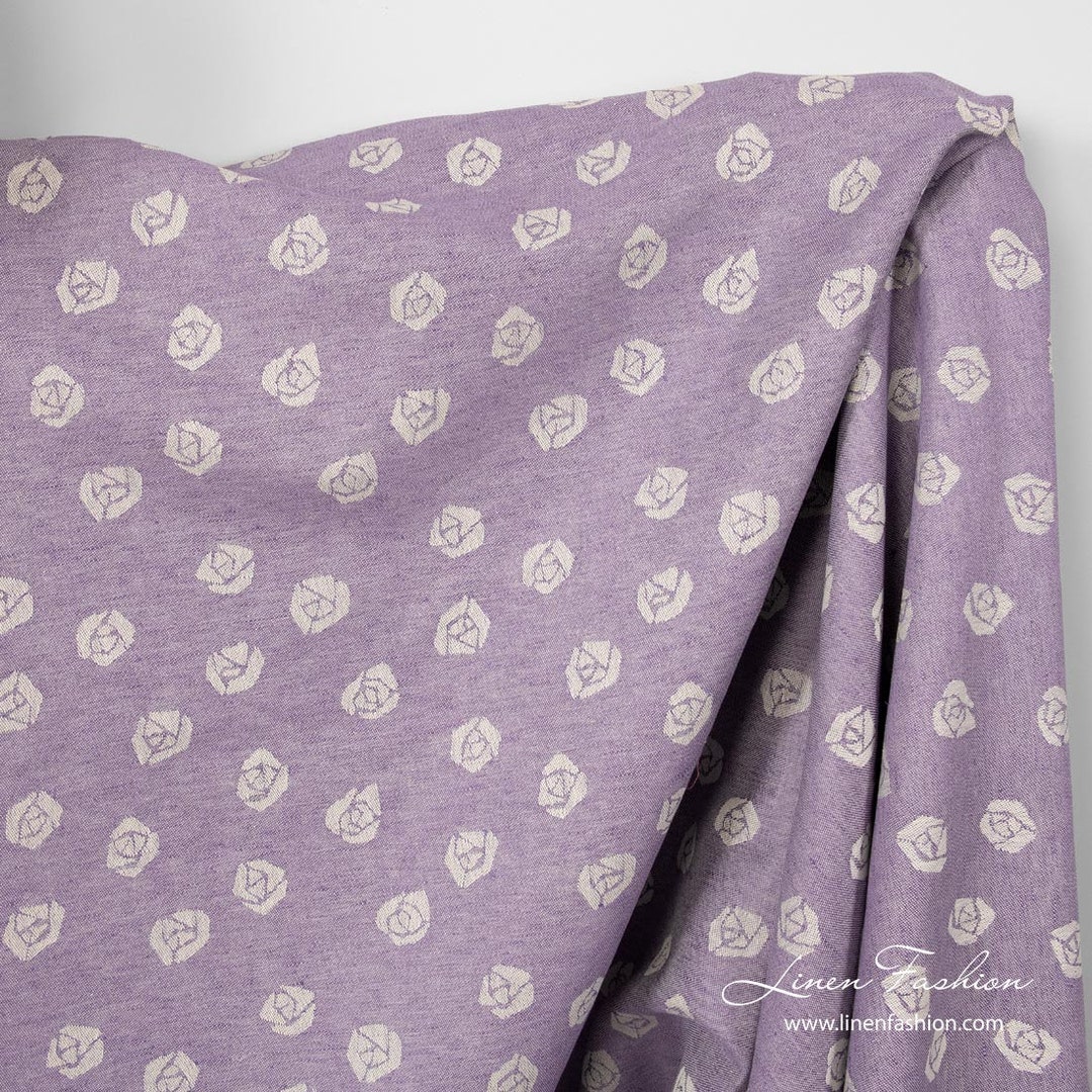 Violet Linen Cotton Fabric With Roses, Jacquard | Half-linen Fabric ...