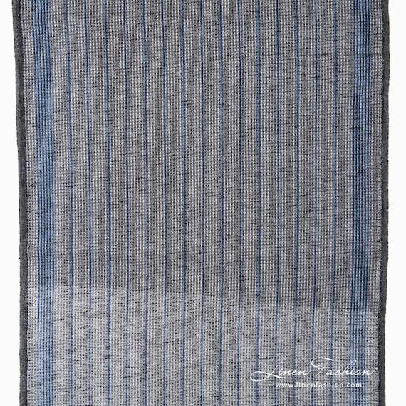 Narrow black linen fabric with blue stripes Pure Linen | Etsy
