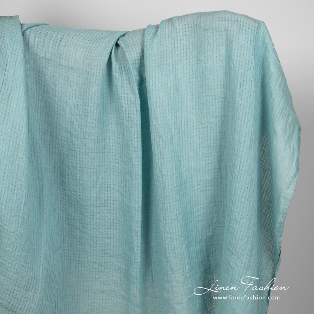 Blue Green Linen Fabric in Transparent Checks, Washed | Pure Linen ...