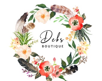 Floral Wreath Boutique Watercolor Logo Modern Boho Logo Etsy Shop Store ...