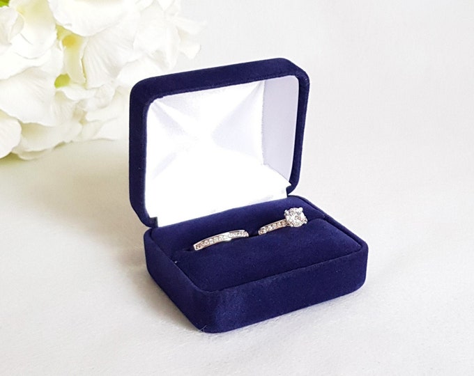 Navy Blue Double Ring Box Velvet Double Ring Box Couple Ring Box Wedding Ring Box Ring Bearer ...