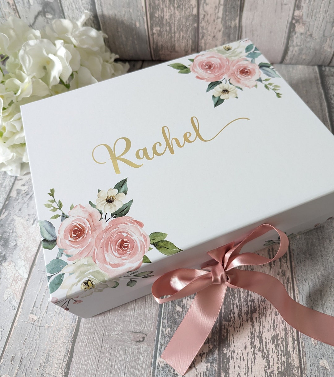 Floral Gift Box With Pink Ribbon - Personalised Bridesmaid Proposal Boxes - Valentine's Day Box ...