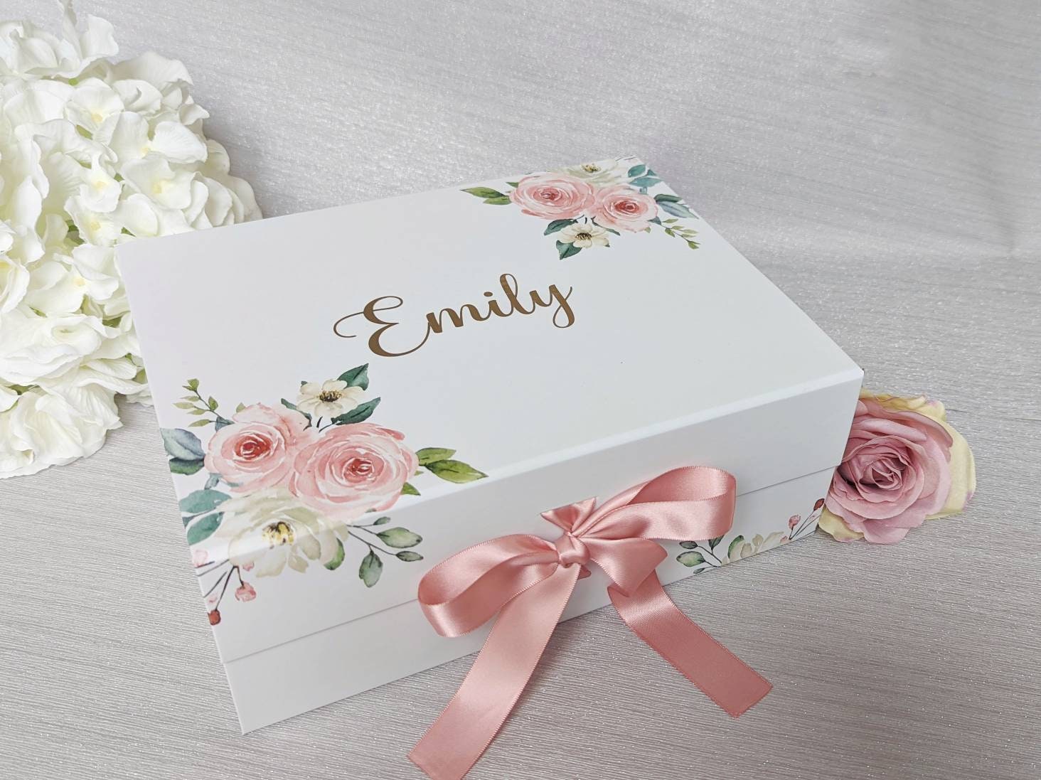 Floral Gift Box With Pink Ribbon Personalised Bridesmaid - Etsy UK