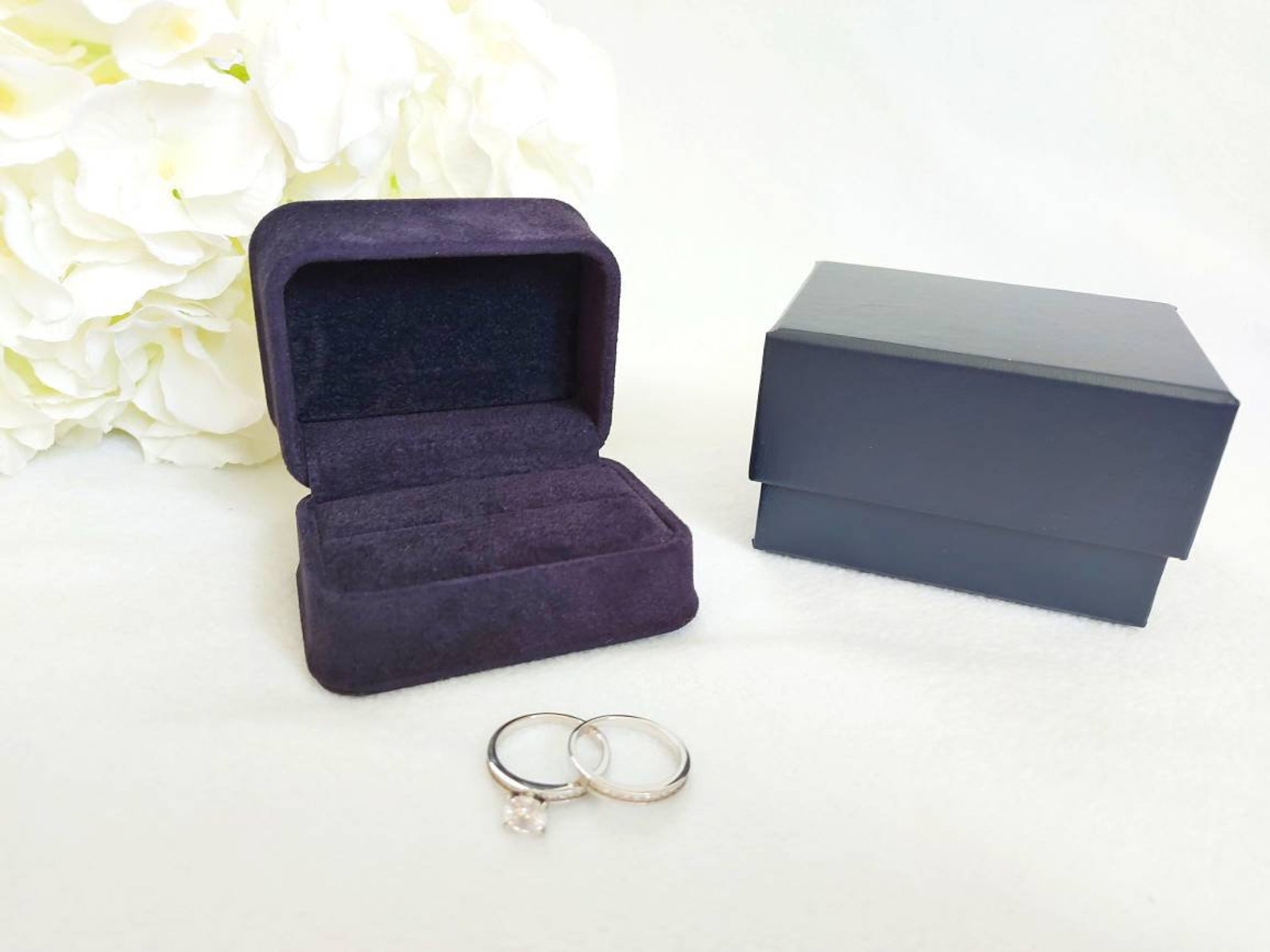 Luxury Navy Blue Double Ring Box - Suede Double Ring Box - Couple Ring ...