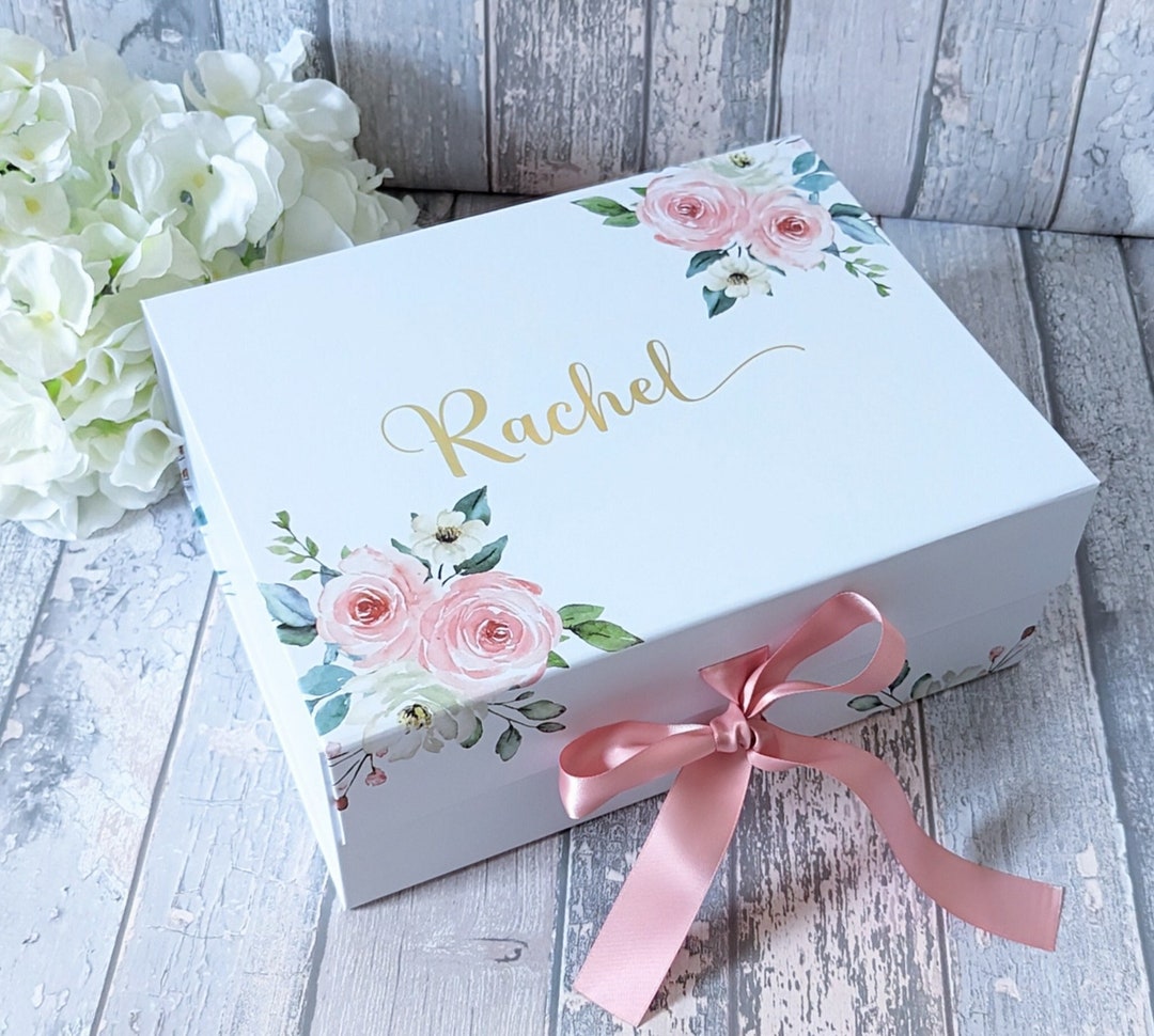 Floral Gift Box With Pink Ribbon Personalised Bridesmaid Proposal Boxes Valentine's Day Box ...