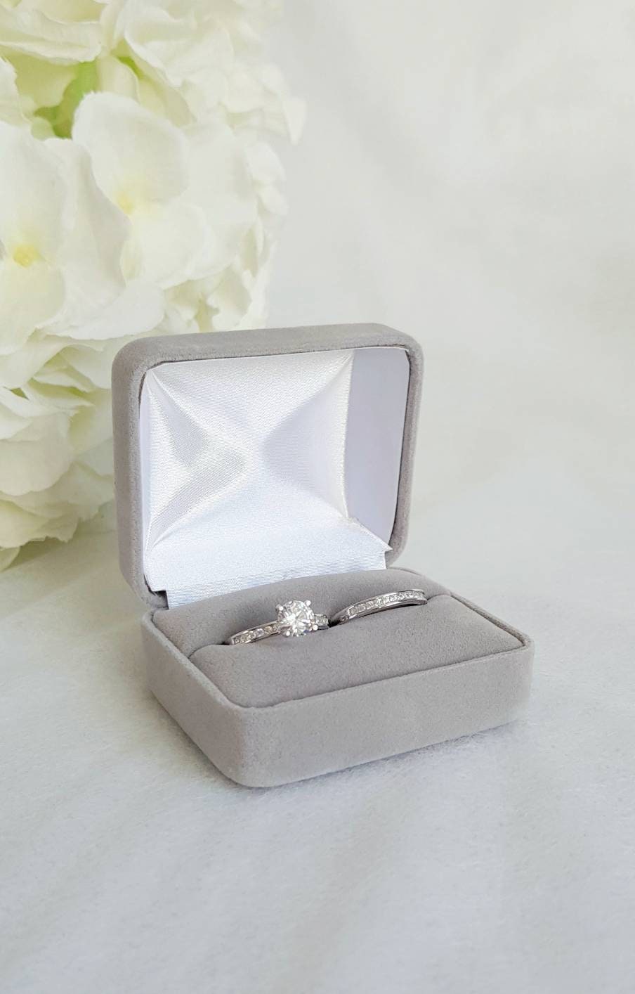 Light Grey Double Ring Box Velvet Double Ring Box Couple - Etsy UK