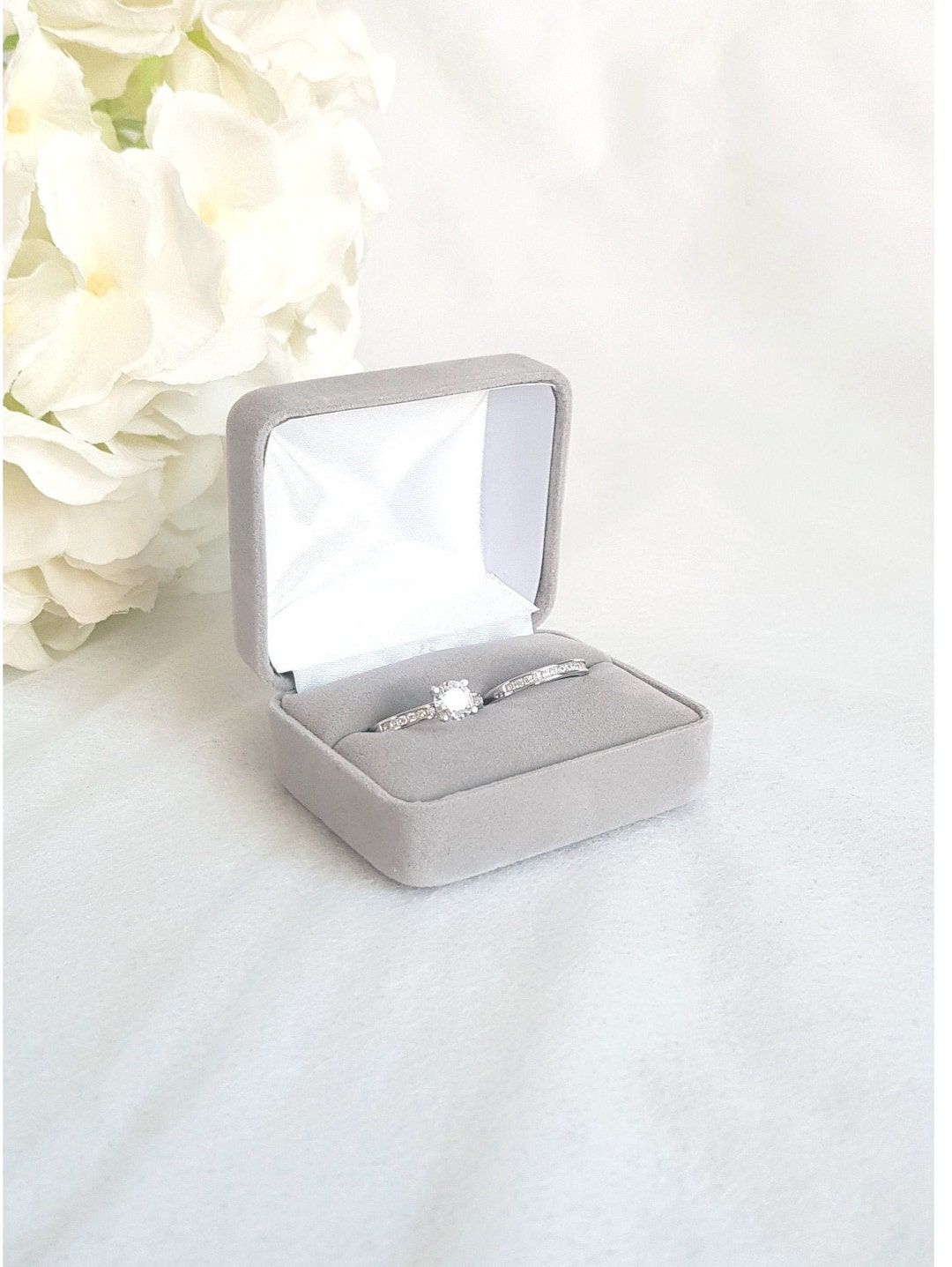 Light Grey Double Ring Box - Velvet Double Ring Box - Couple Ring Box ...