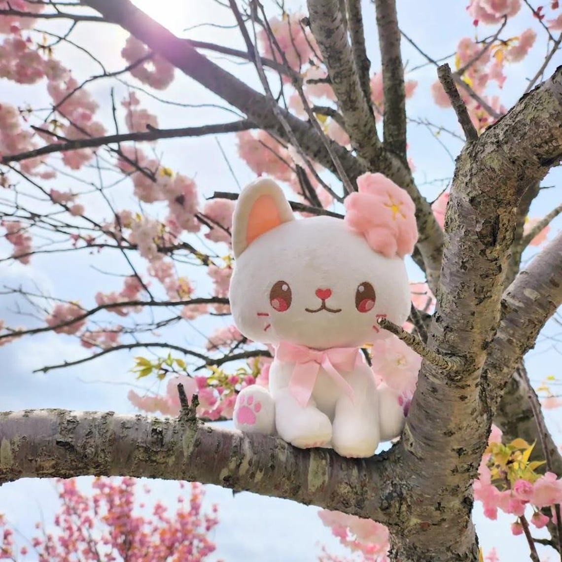 Hanami the Cat Plushie - Pon Plush With Magnetic Sakura Accessory ...