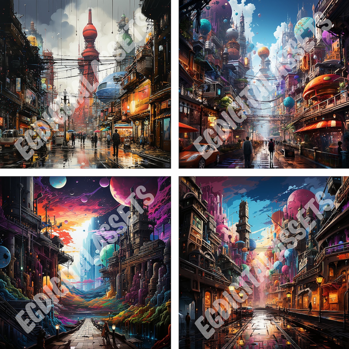 Set of 4 Dystopian Cyberpunk Print | Intricate Megastructures | Dark ...