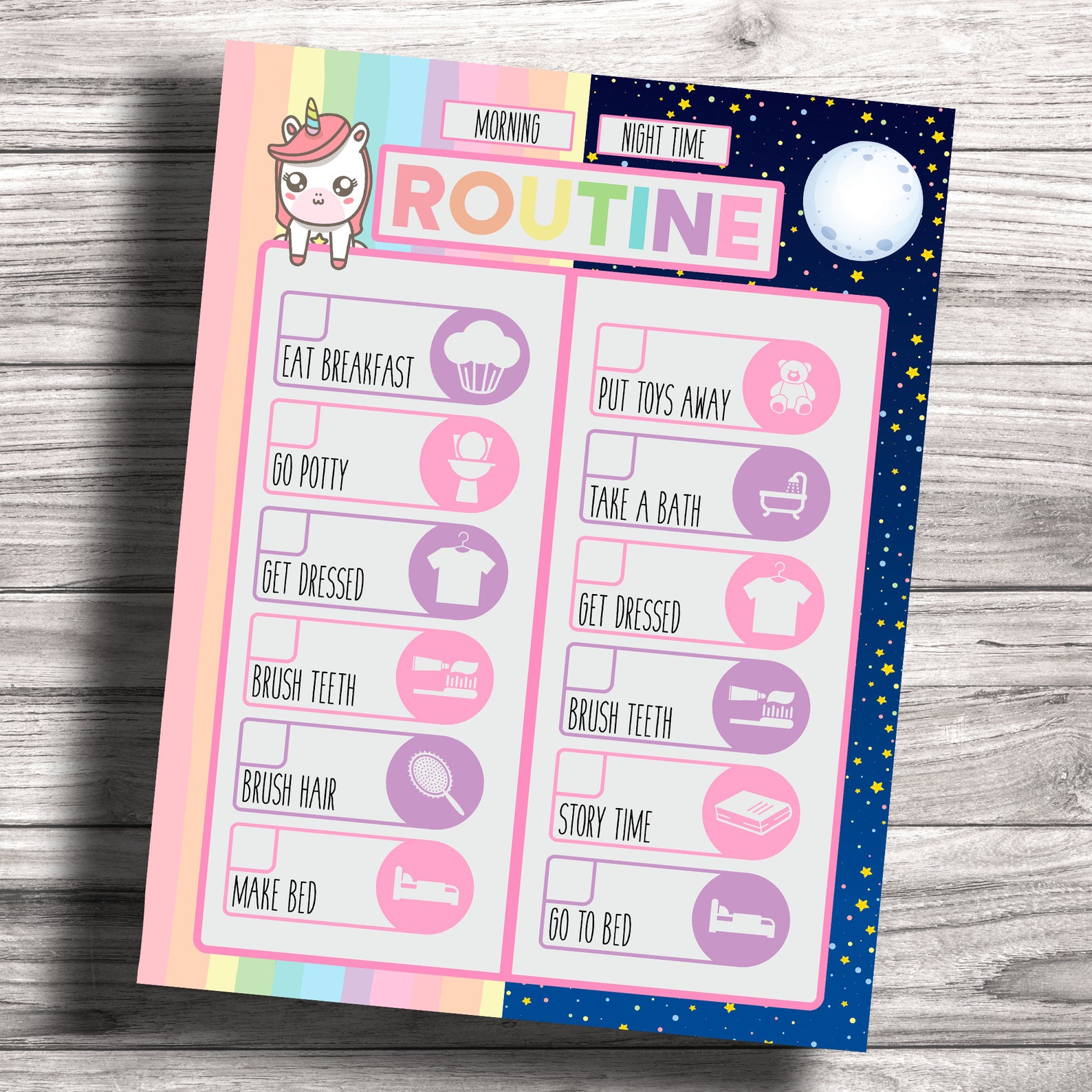 Girls Unicorn Night and Day Routine Chart Daily Checklist | Etsy