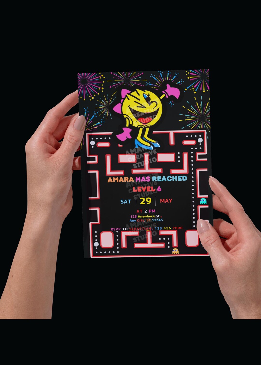 Ms. Pacman Birthday Invitation, Gamer, Arcade Invitation Template ...