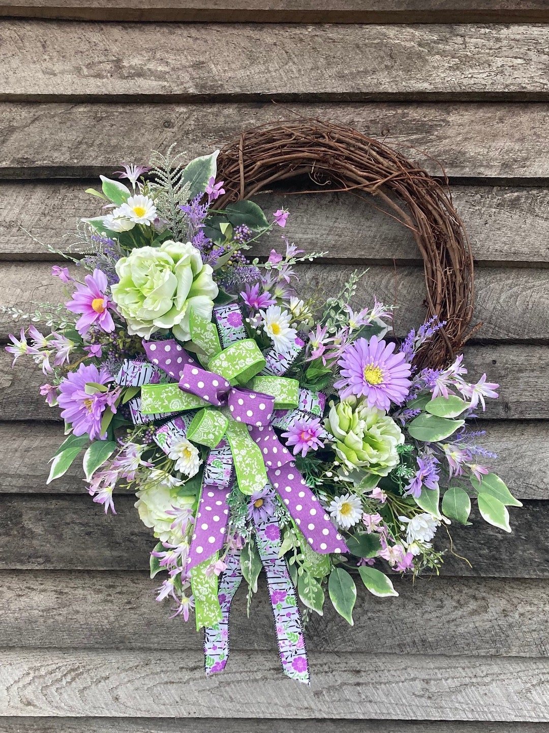 Welcome Spring Wreath, Purple and Green Spring Wreath for Front Door ...