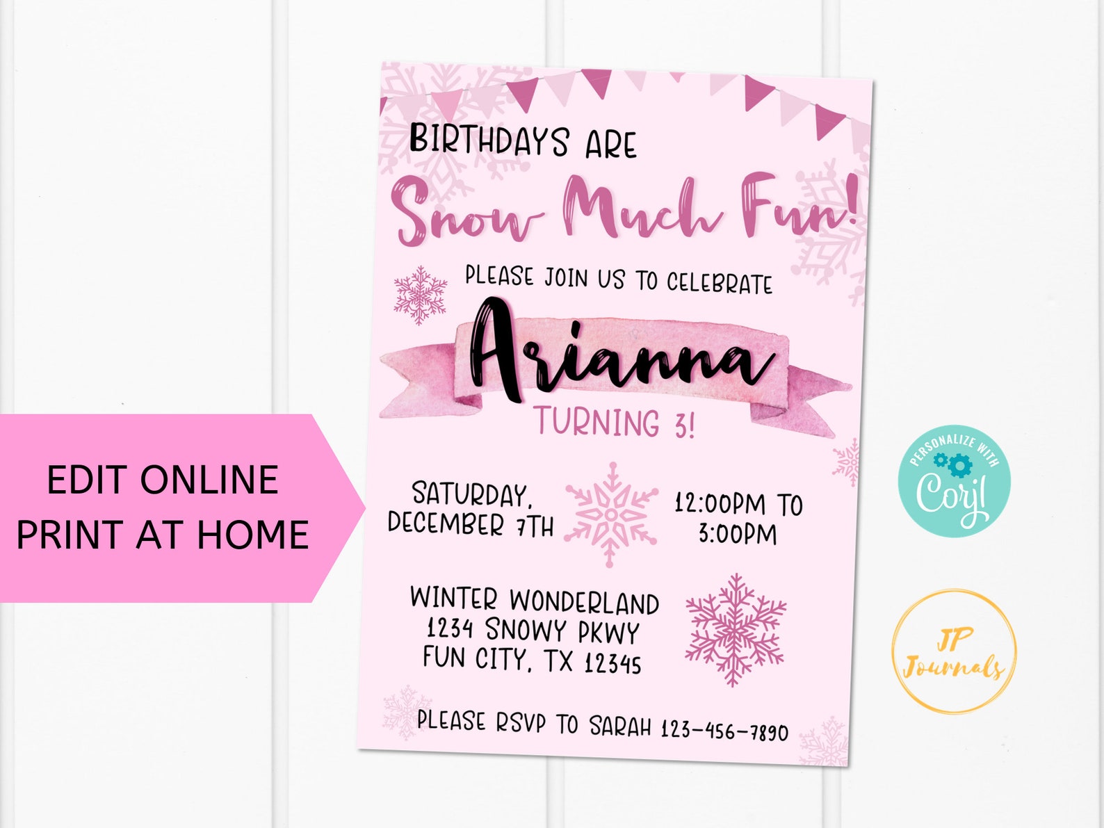 Snow Much Fun Birthday Party Invitation Template Pink Winter | Etsy